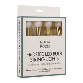 6ft frosted bulb string lights with gold accents, battery operated ...