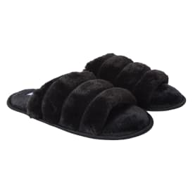 ladies black ribbed faux fur slide slippers | Five Below